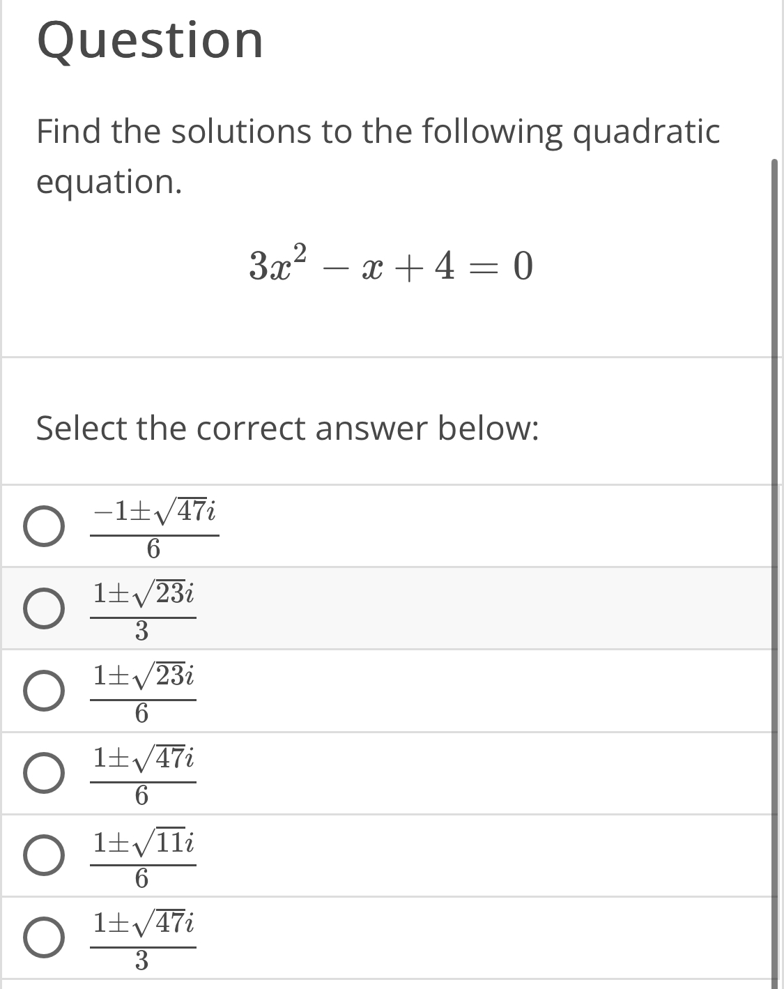 Solved QuestionFind the solutions to the following quadratic | Chegg.com