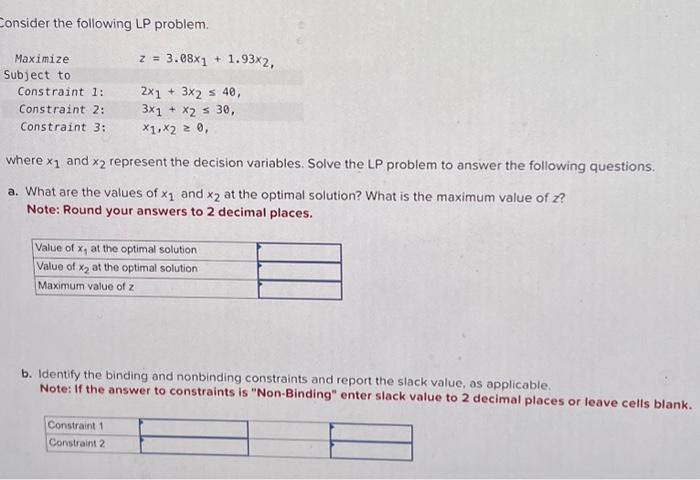 Solved Consider the following LP problem. where x1 and x2 | Chegg.com