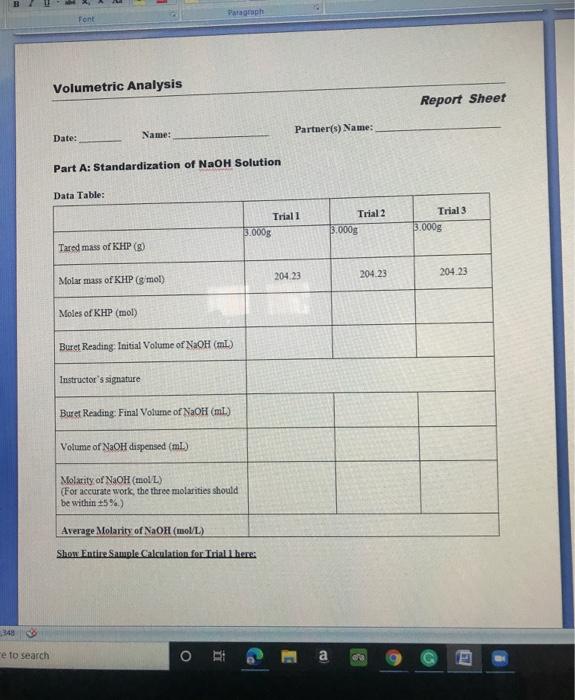 Solved Patagph Font Volumetric Analysis Report Sheet Date: | Chegg.com