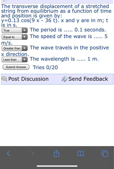 Solved The transverse displacement of a stretched string | Chegg.com