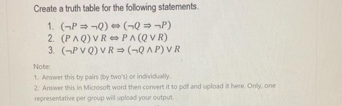 Solved Create a truth table for the following statements. 1. | Chegg.com