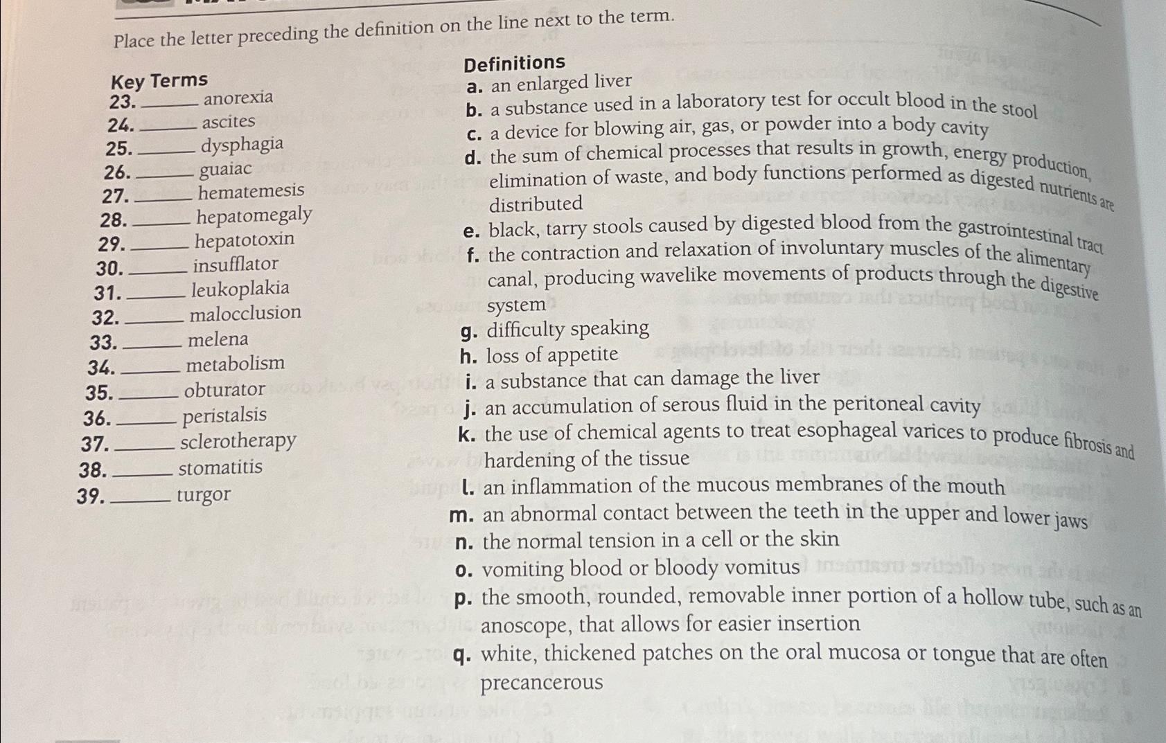 Solved Place the letter preceding the definition on the line | Chegg.com