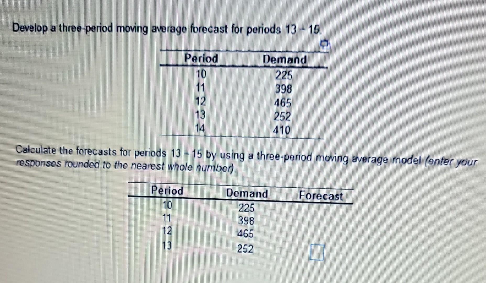 Solved Develop a three-period moving average forecast for | Chegg.com