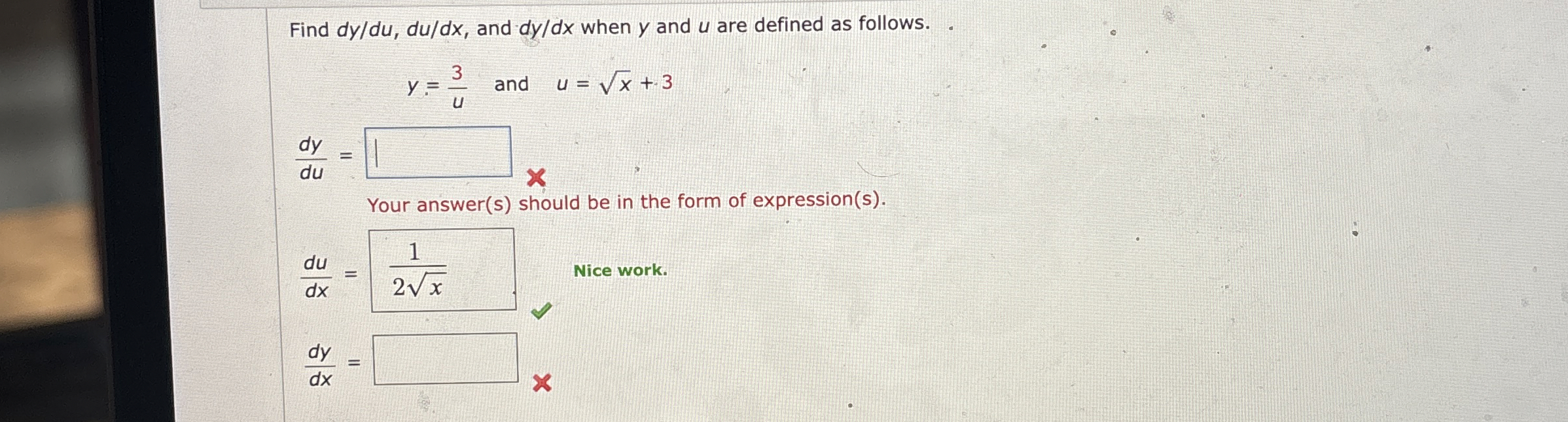 Solved Find dydu,dudx, ﻿and dydx ﻿when y ﻿and u ﻿are defined | Chegg.com