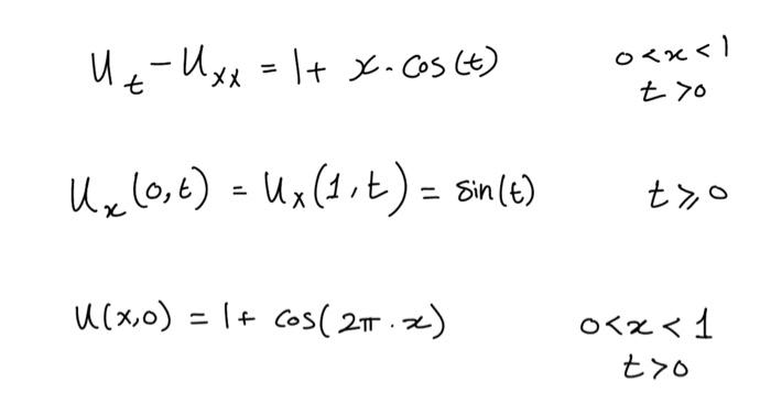 Solved ut−uxx=1+x⋅cos(t)ux(0,t)=ux(1,t)=sin(t)u(x,0)=1+cos(2 | Chegg.com