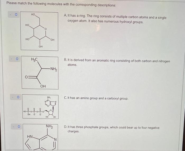 Solved Please match the following molecules with the | Chegg.com