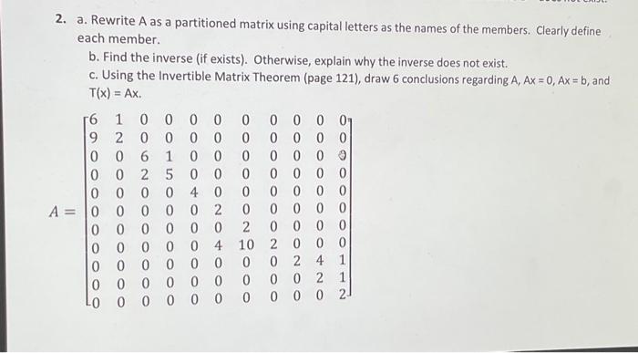 Solved 2. a. Rewrite A as a partitioned matrix using capital | Chegg.com