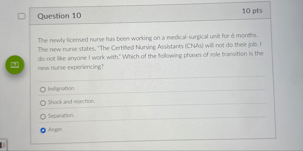 Solved Question 1010 ﻿ptsThe newly licensed nurse has been | Chegg.com