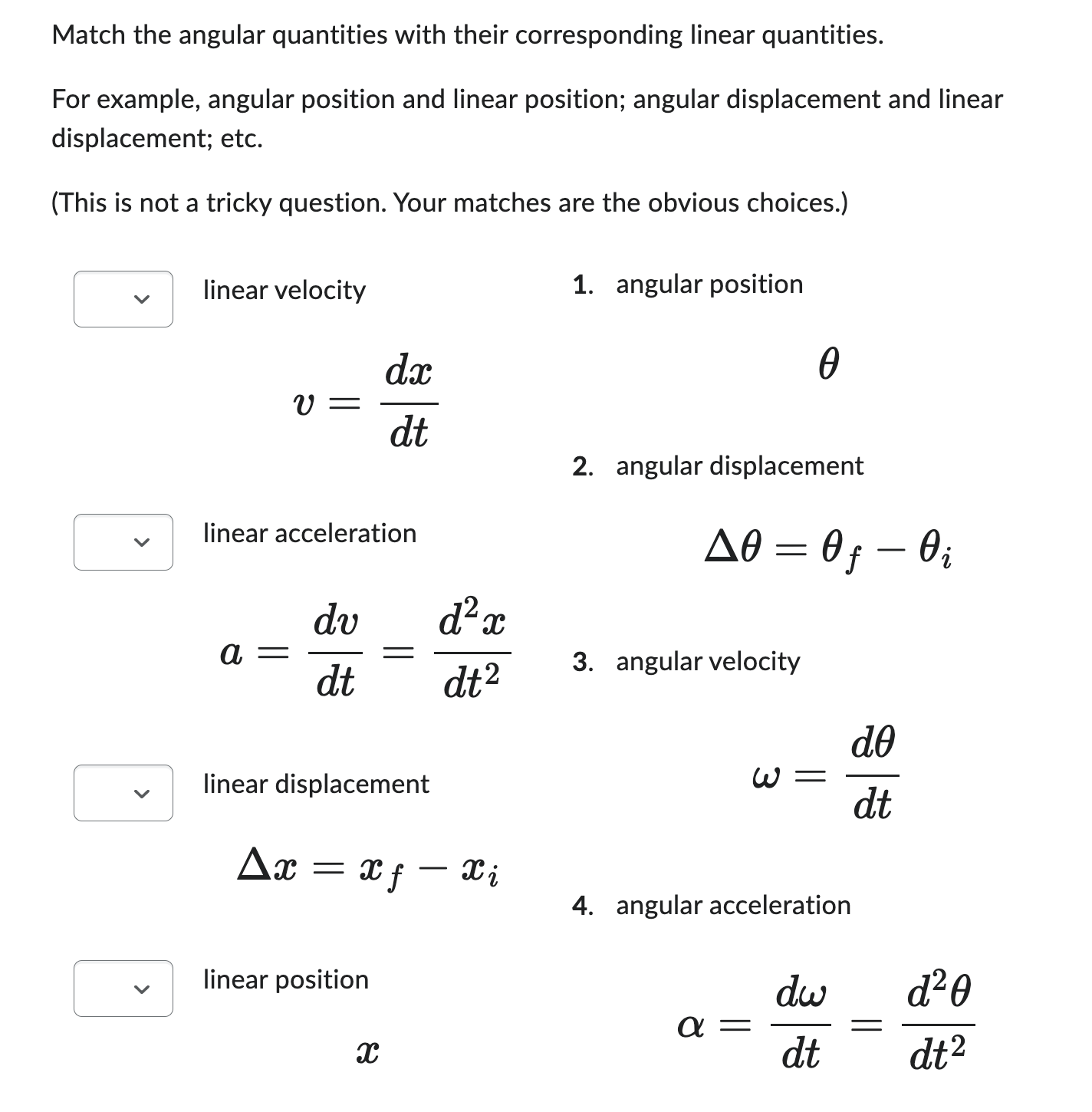 Solved Match the angular quantities with their corresponding | Chegg.com
