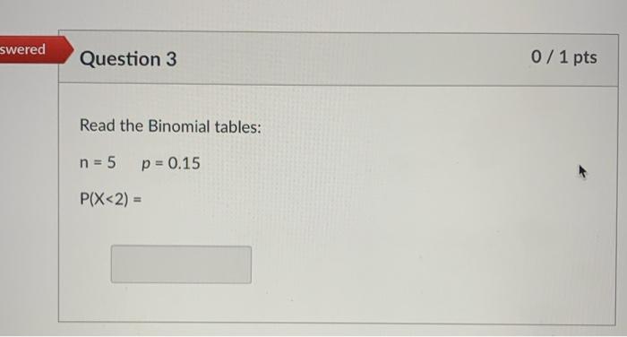 Solved swered Question 3 0/1 pts Read the Binomial tables: n | Chegg.com Solved swered Question 3 0/1 pts Read the Binomial tables: n | Chegg.com