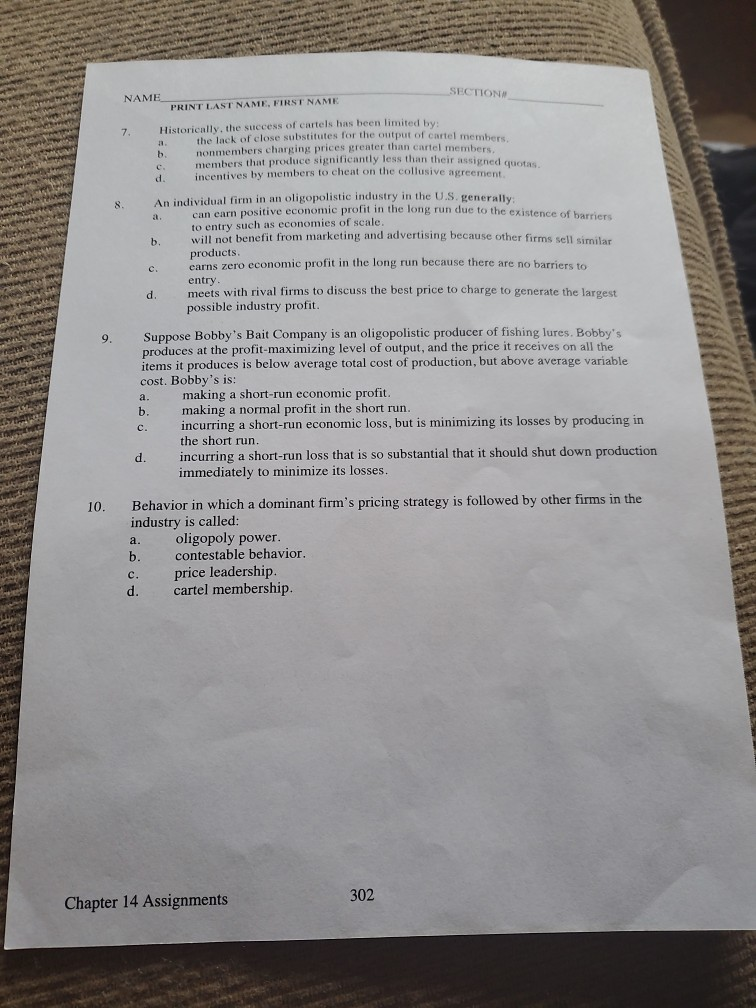 Solved SECTION NAME PRINT LAST NAME, FIRST NAME 7. | Chegg.com