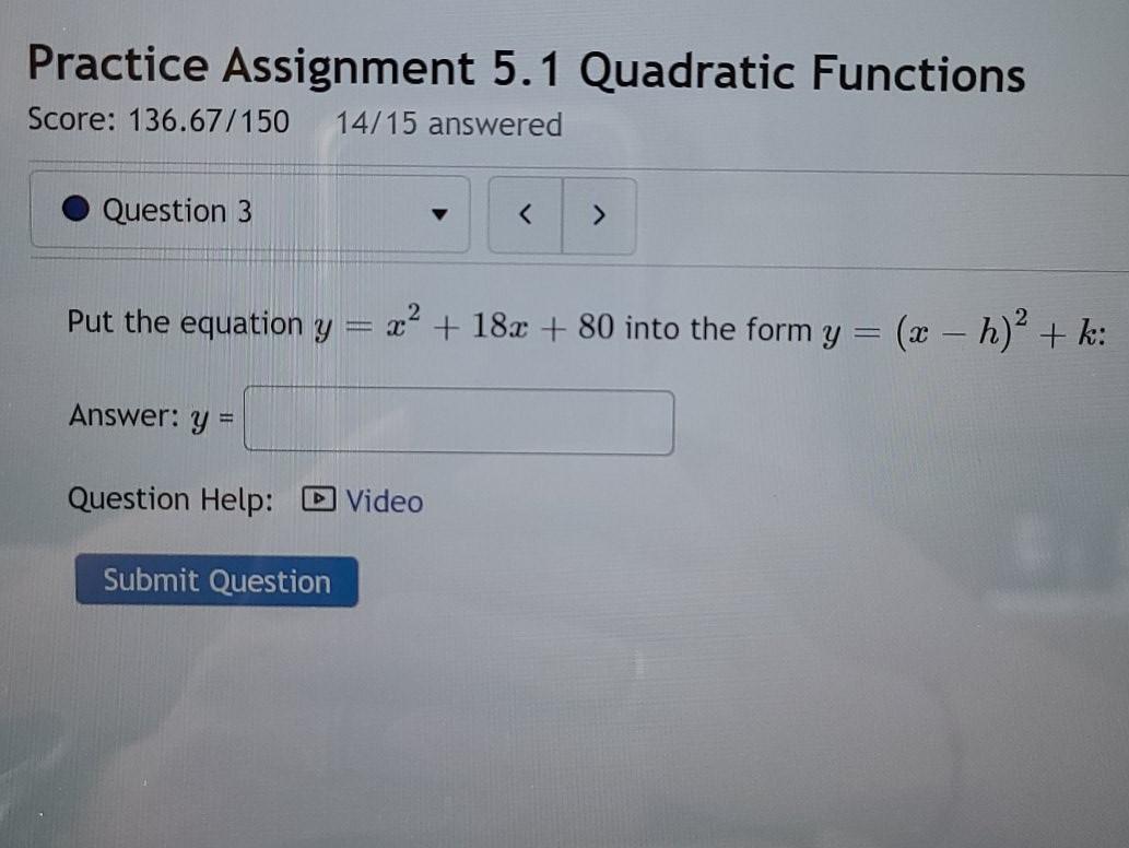 Solved Practice Assignment 5.1 Quadratic Functions Score: | Chegg.com