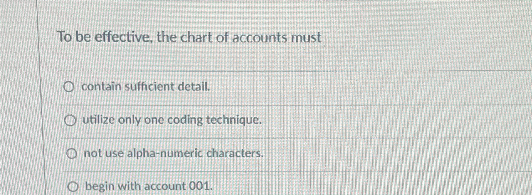 Solved To be effective, the chart of accounts mustcontain | Chegg.com