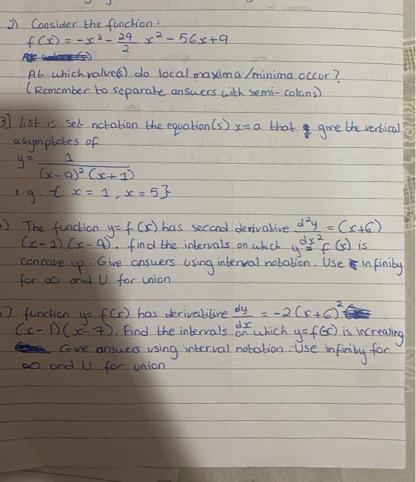 Solved 2) Consider the function: f(x)=−x3−229x2−56x+9 At | Chegg.com