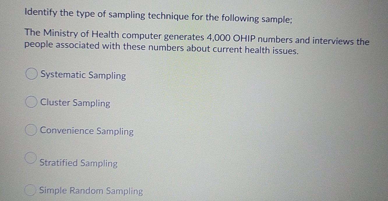 Solved Identify the type of sampling technique for the | Chegg.com