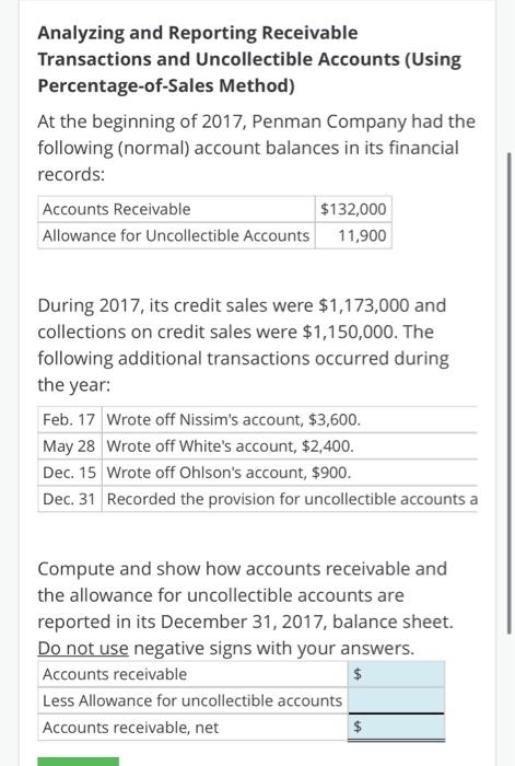 Solved Analyzing and Reporting Receivable Transactions and | Chegg.com