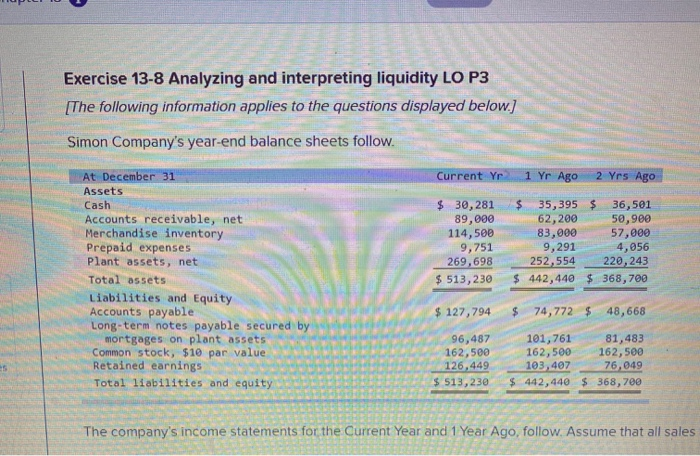 Solved Exercise 13-8 Analyzing and interpreting liquidity LO | Chegg.com