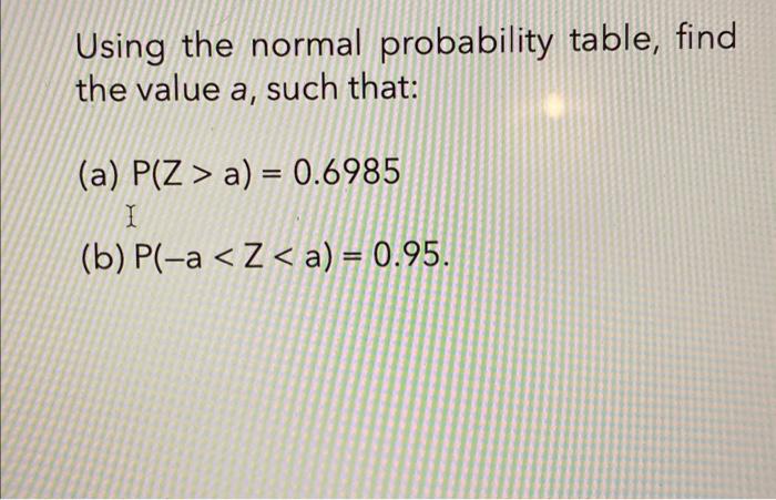 Solved Using the normal probability table, find the value a, | Chegg.com
