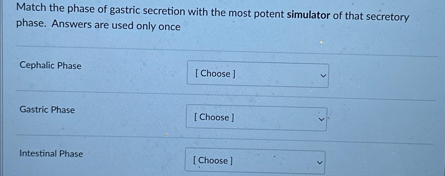 Solved Match the phase of gastric secretion with the most | Chegg.com