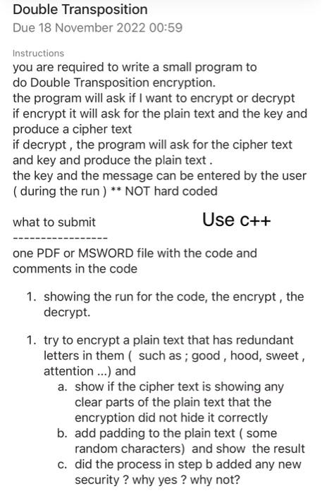 Solved Double Transposition Due 18 November 2022 00:59 | Chegg.com