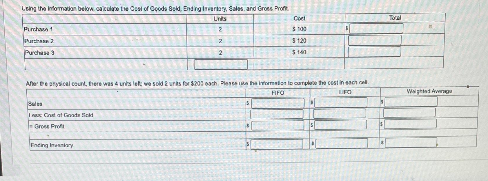 Solved Using the Information below, calculate the Cost of | Chegg.com