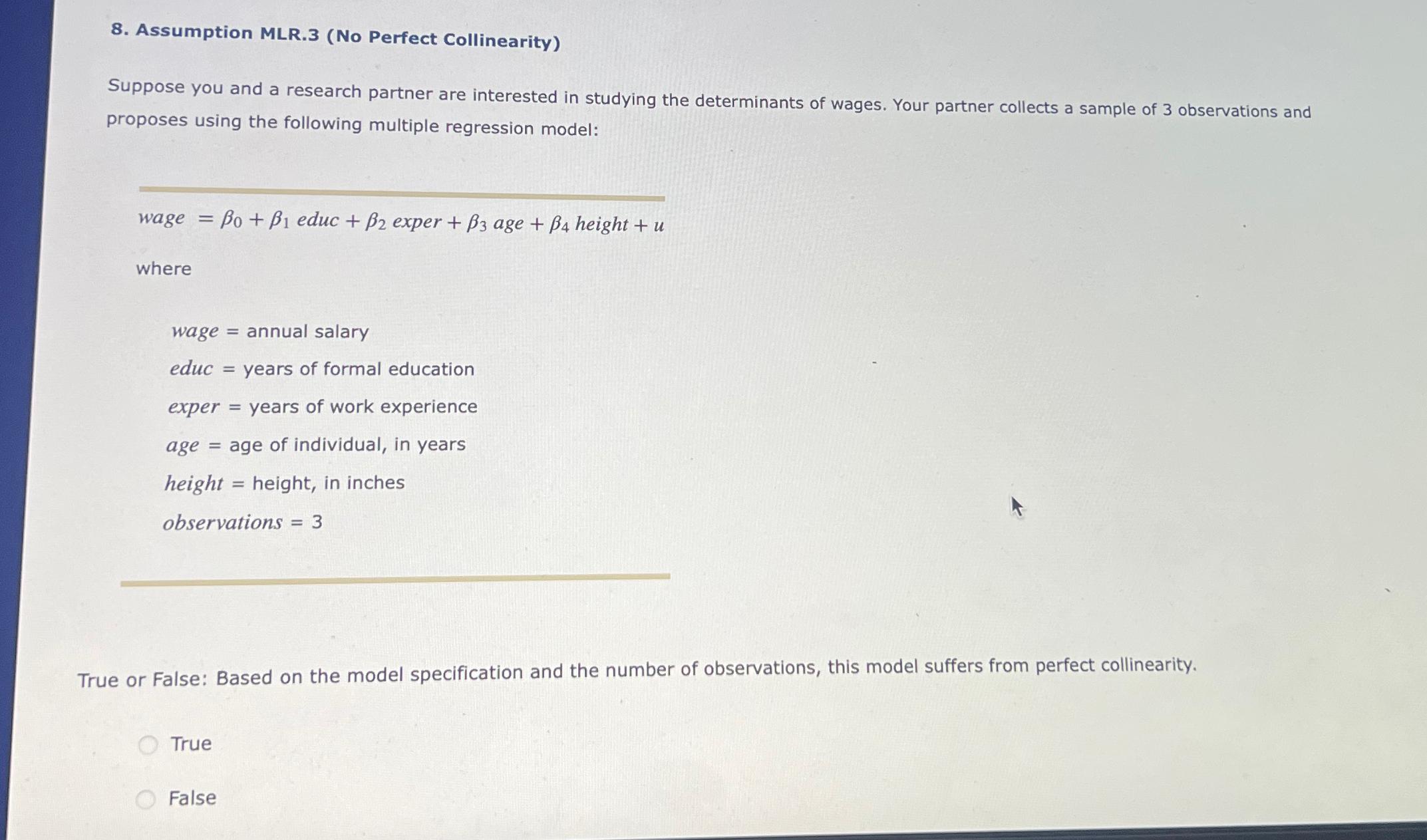 Solved Assumption MLR. 3 (No Perfect Collinearity)Suppose | Chegg.com