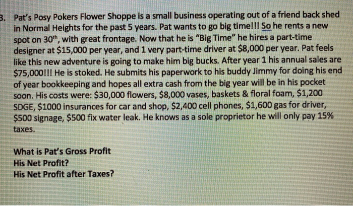 Solved 3. Pat's Posy Pokers Flower Shoppe is a small | Chegg.com