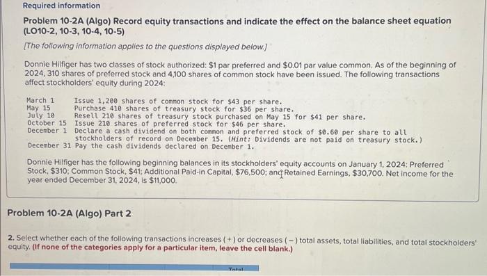 Solved Required information Problem 10-2A (Algo) Record | Chegg.com