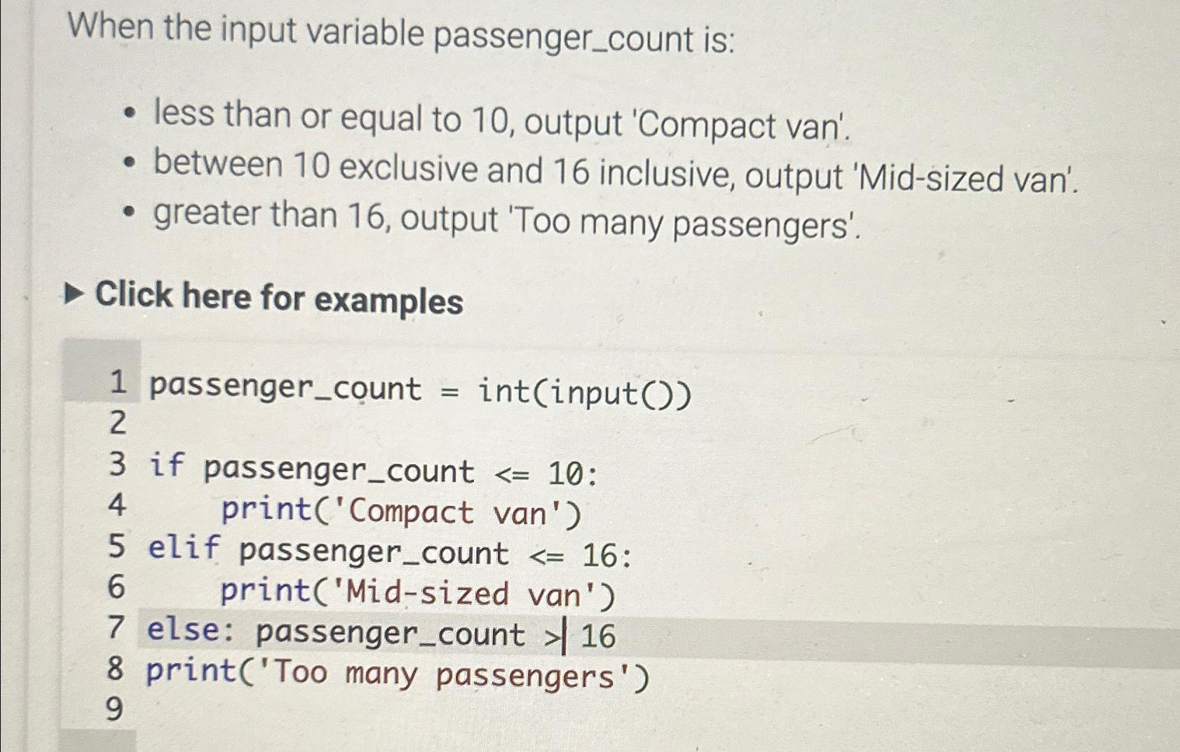 Solved When the input variable passenger_count is:less than | Chegg.com