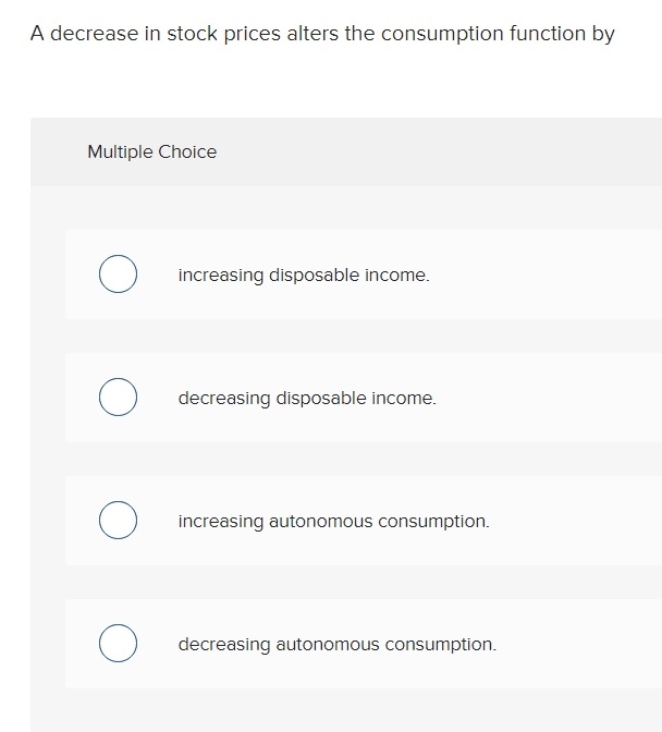Solved A decrease in stock prices alters the consumption | Chegg.com