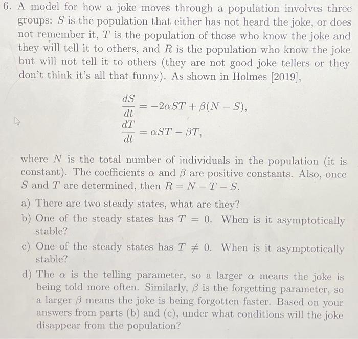 Solved 6. A model for how a joke moves through a population | Chegg.com