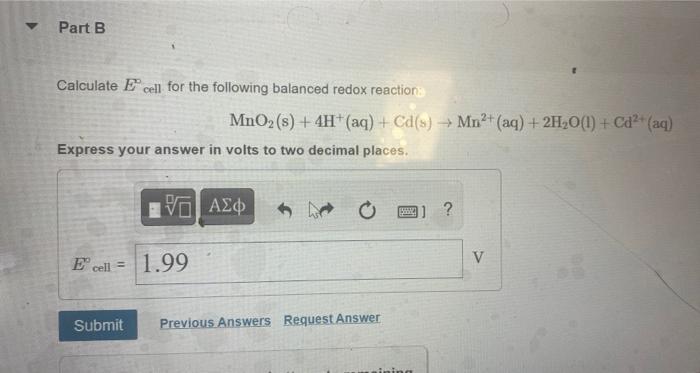 Solved Calculate E∘ cell for the following balanced redox | Chegg.com