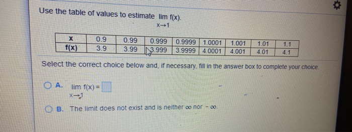 Solved Use the table of values to estimate lim f(x). 1 X | Chegg.com
