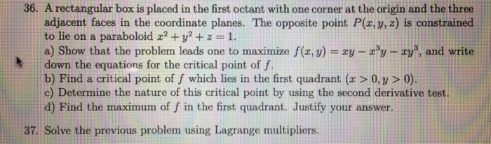 Solved 36. A rectangular box is placed in the first octant | Chegg.com
