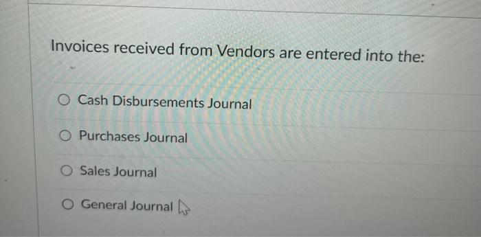 Solved Invoices received from Vendors are entered into the: | Chegg.com