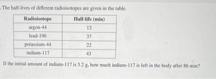 Solved The half-lives of different radioisotopes are given | Chegg.com