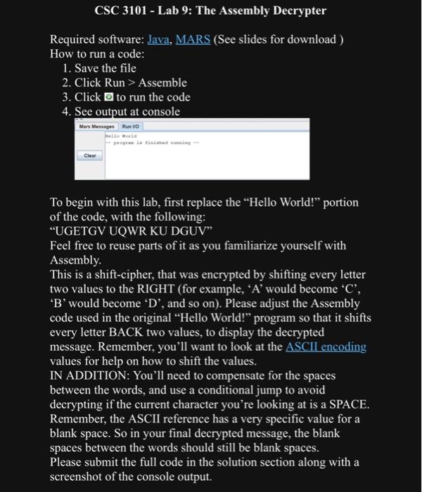 Solved Csc 3101 Lab 9 The Assembly Decrypter Required