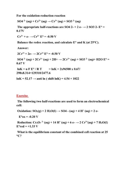 Solved For the oxidation-reduction reaction SO4 2- (aq) + | Chegg.com