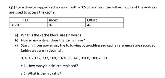 Solved Q1) For a direct-mapped cache design with a 32-bit | Chegg.com