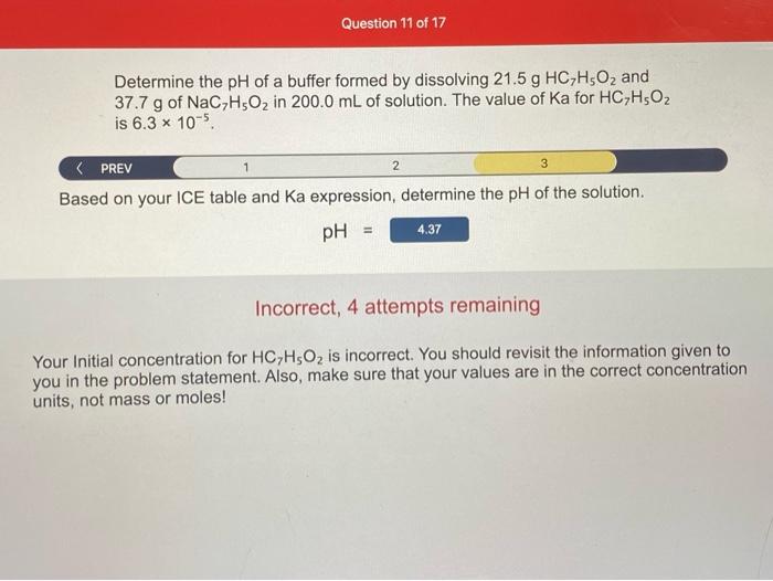 Solved Question 11 of 17 Determine the pH of a buffer formed | Chegg.com