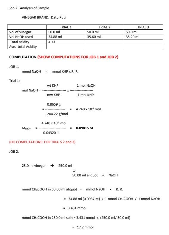 Solved DETERMINATION OF THE TOTAL ACIDITY OF VINEGAR BY | Chegg.com