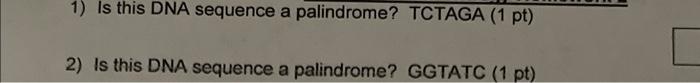 Solved 1) Is this DNA sequence a palindrome? TCTAGA (1 pt) | Chegg.com