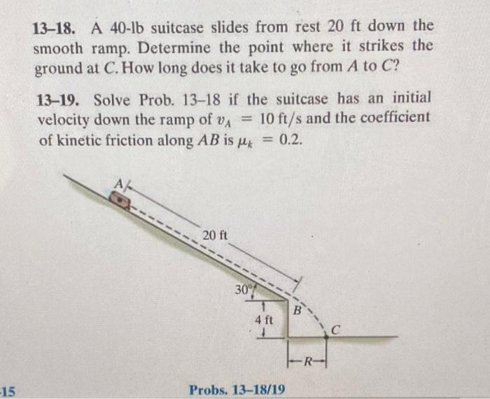 Solved 13-18. A 40-lb suitcase slides from rest 20 ft down | Chegg.com