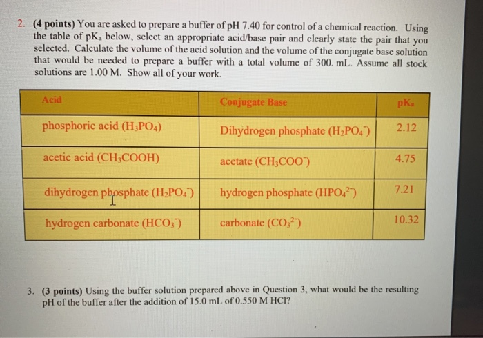 Solved 2. (4 points) You are asked to prepare a buffer of pH | Chegg.com