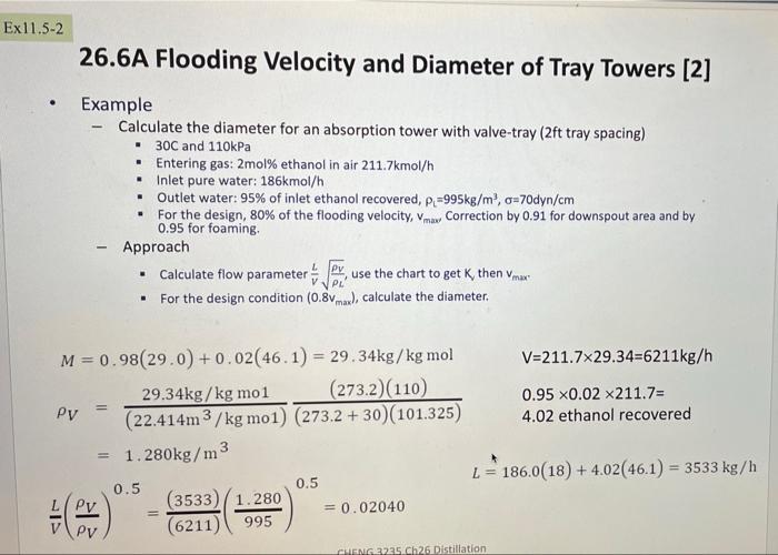 Ex11.5-2 26.6A Flooding Velocity and Diameter of Tray | Chegg.com