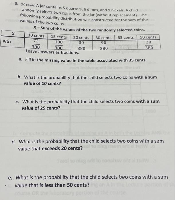 Solved 6. (10 points) A jar contains 5 quarters, 6 dimes, | Chegg.com