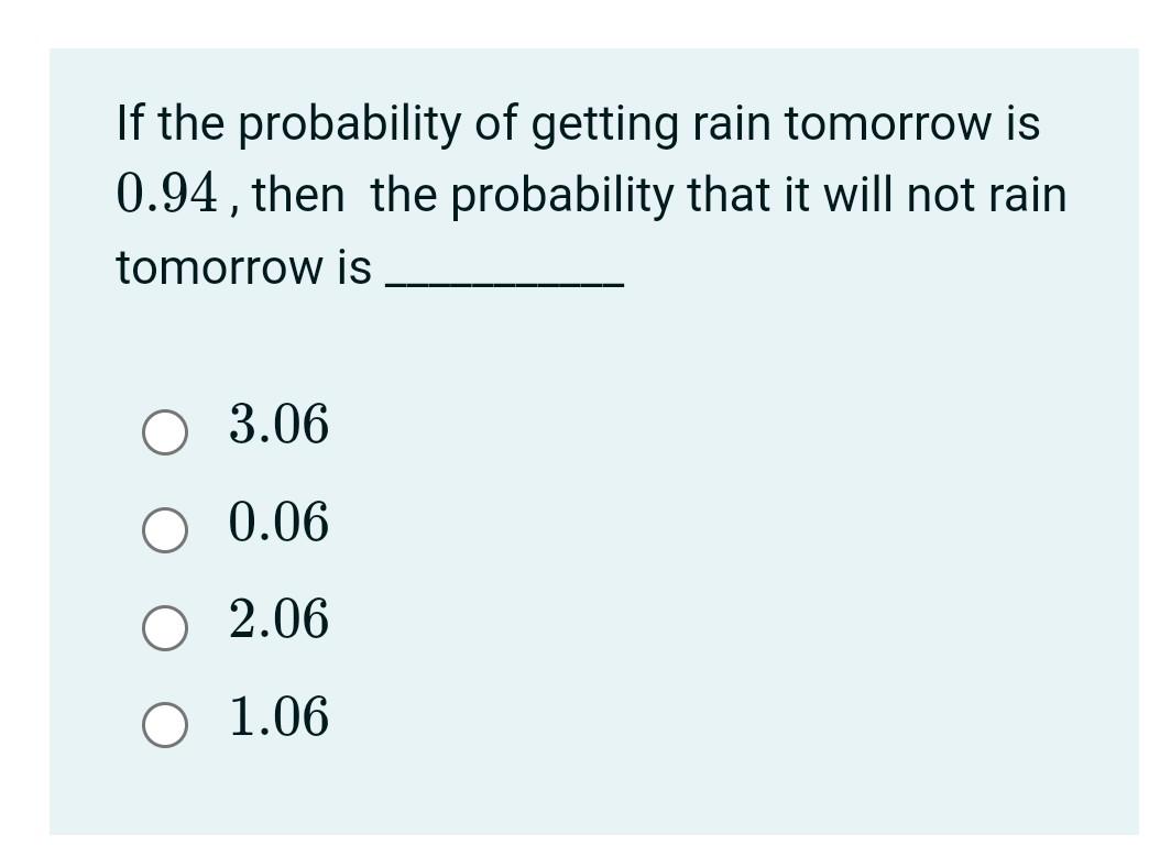 Solved If the probability of getting rain tomorrow is 0.94, | Chegg.com