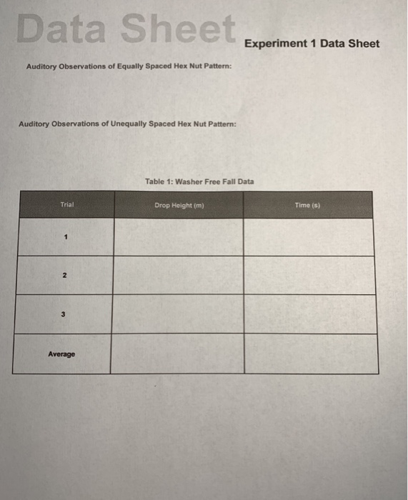 Data Sheet Experiment 1 Data Sheet Auditory | Chegg.com