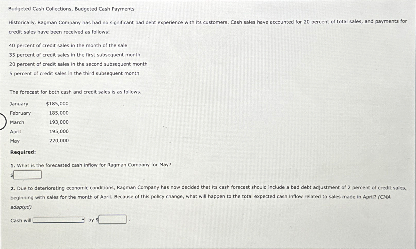 Budgeted Cash Collections, Budgeted Cash | Chegg.com