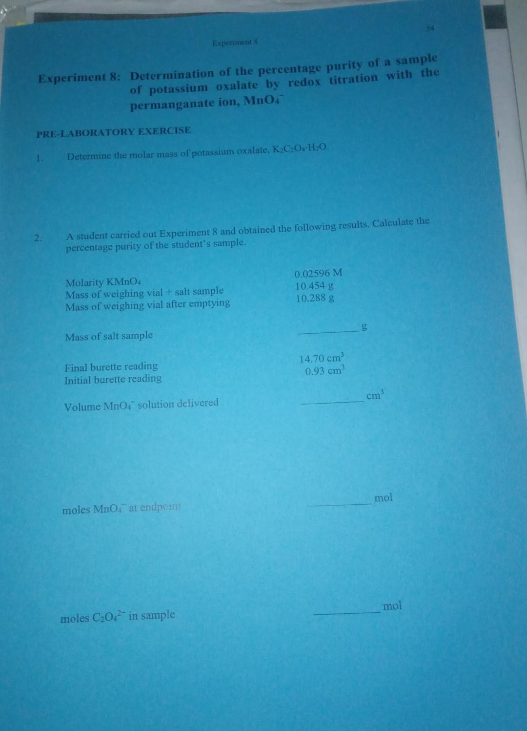 Solved Experiment 8: Determination of the percentage purity | Chegg.com
